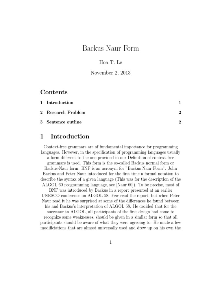 Backus Naur Form: Hoa T. Le November 2, 2013 | PDF | Areas Of Computer ...