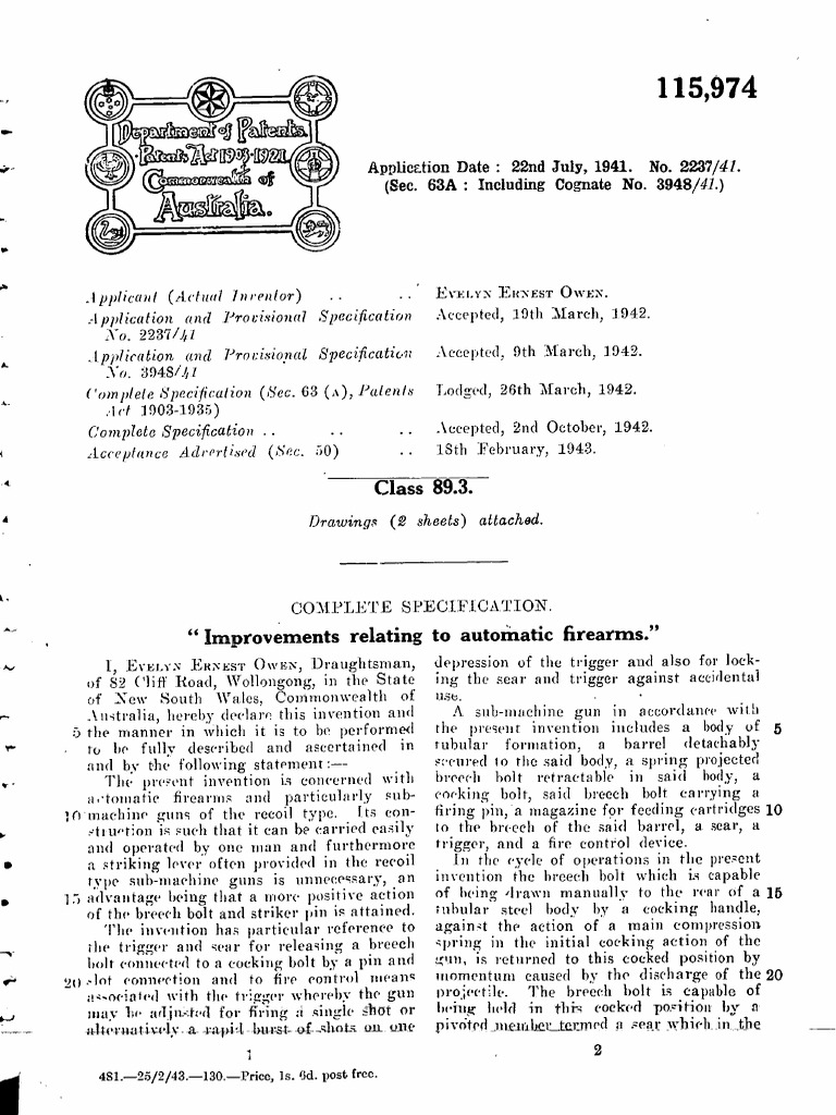 Owen Sub Machine Gun Patent | PDF | Trigger (Firearms) | Cartridge ...