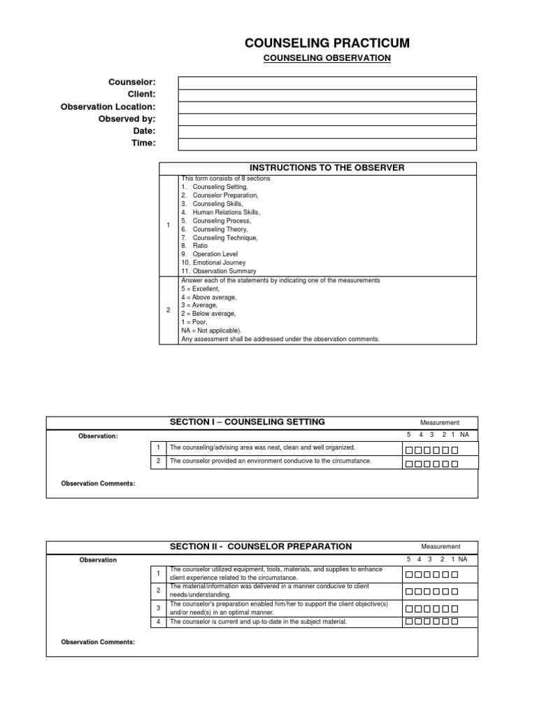Counseling Practicum / Counseling Observation Sheet | PDF | School ...