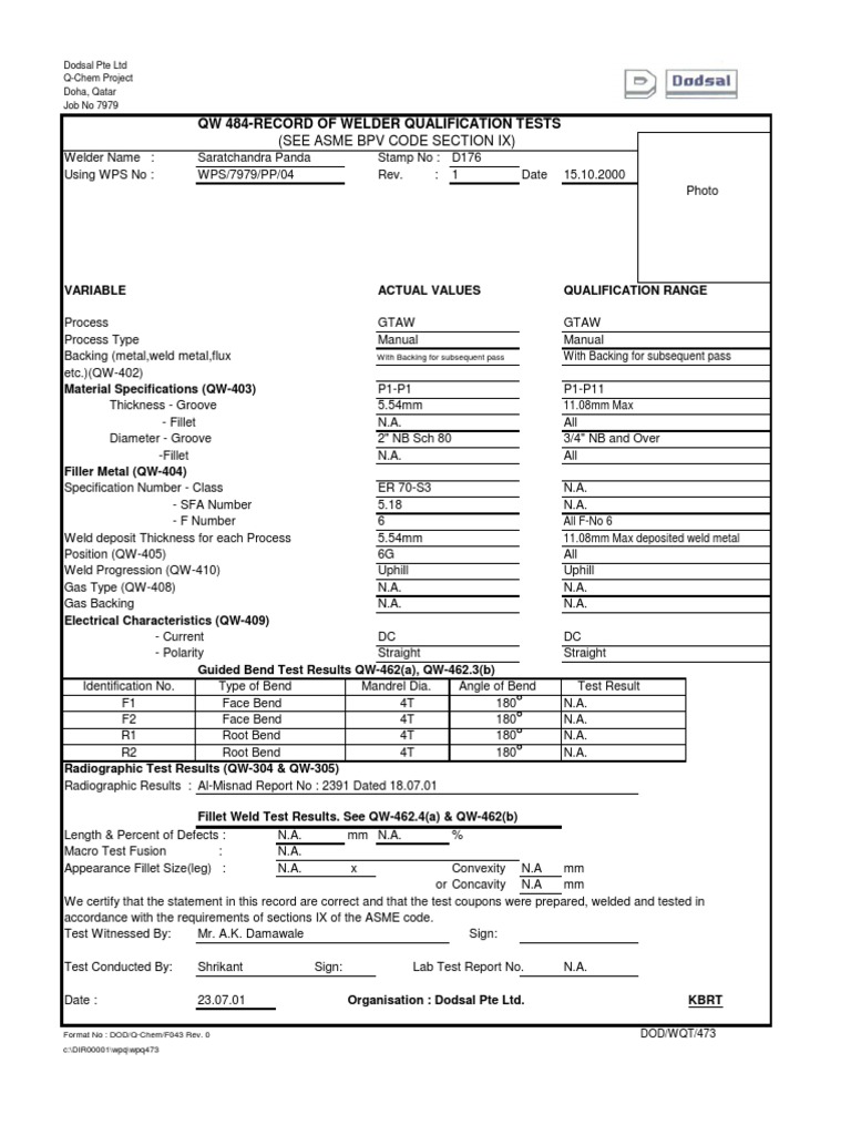 QW 484-Record of Welder Qualification Tests: (See Asme BPV Code Section ...