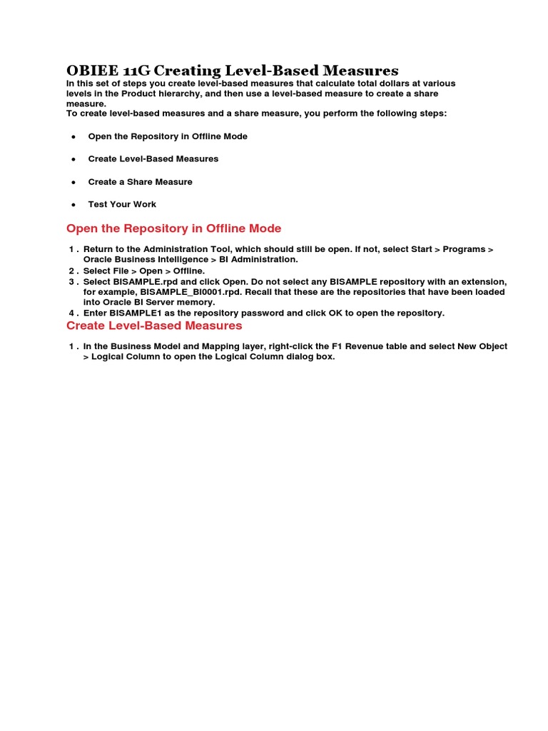 OBIEE 11G Creating Level-Based Measures | PDF | Function (Mathematics) | Computing