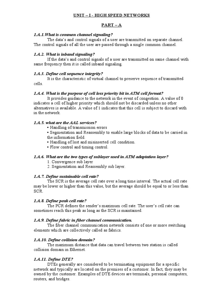 Unit - I - High Speed Networks Part - A | PDF | Asynchronous Transfer Mode | Computer Network