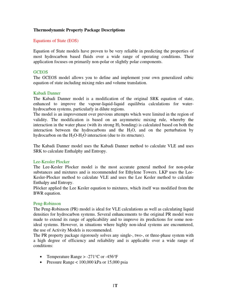 Equations of State (EOS) : Thermodynamic Property Package Descriptions ...