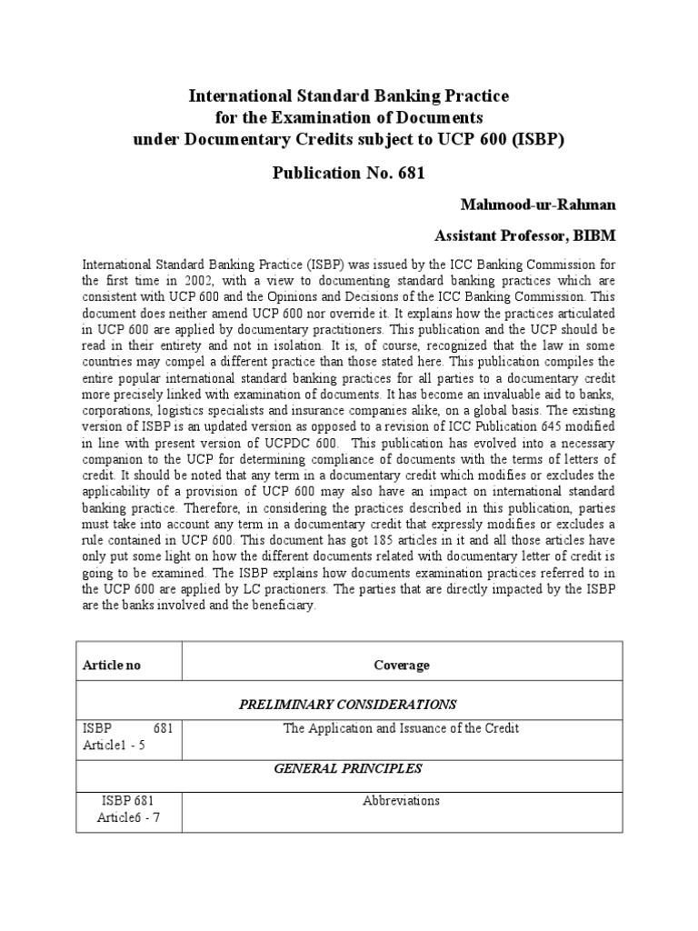 International Standard Banking Practice For The Examination of ...