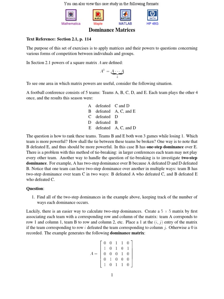 Dominance Matrices: Text Reference: Section 2.1, P. 114 | PDF | Matrix ...