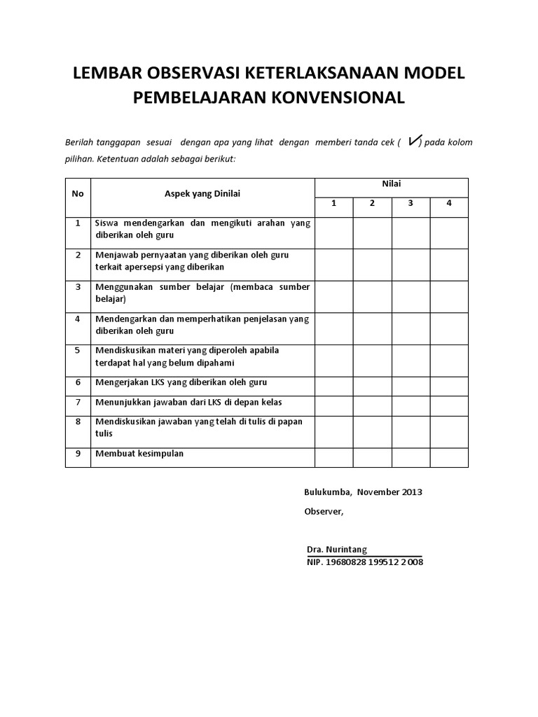 Lembar Observasi Keterlaksanaan Model Pembelajaran Konvensional | PDF