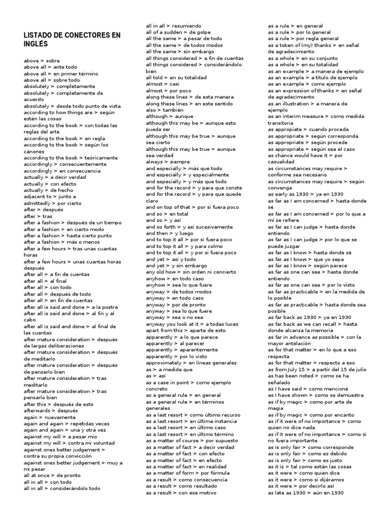 Listado de Conectores en Ingles