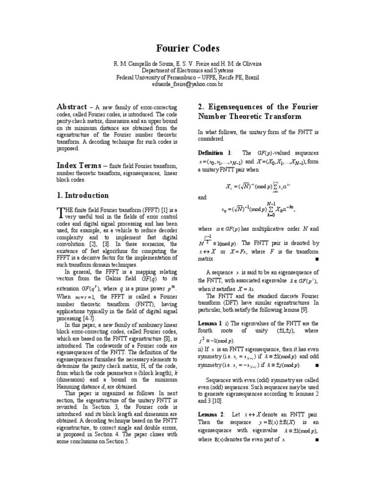 Fourier Codes: 2. Eigensequences of The Fourier Number Theoretic Transform | Download Free PDF ...