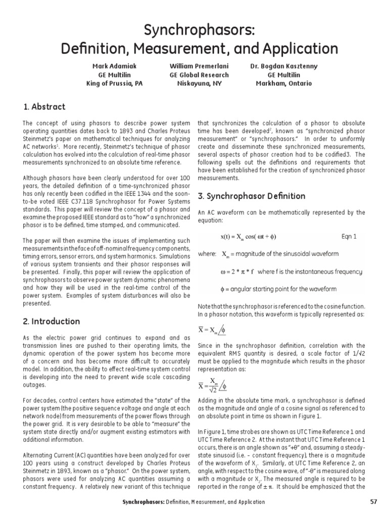 Synchrophasors: Definitions, Measurement and Application | PDF ...