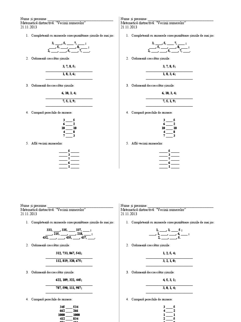 Fisa de lucru matematica distractiva - vecinii numerelor