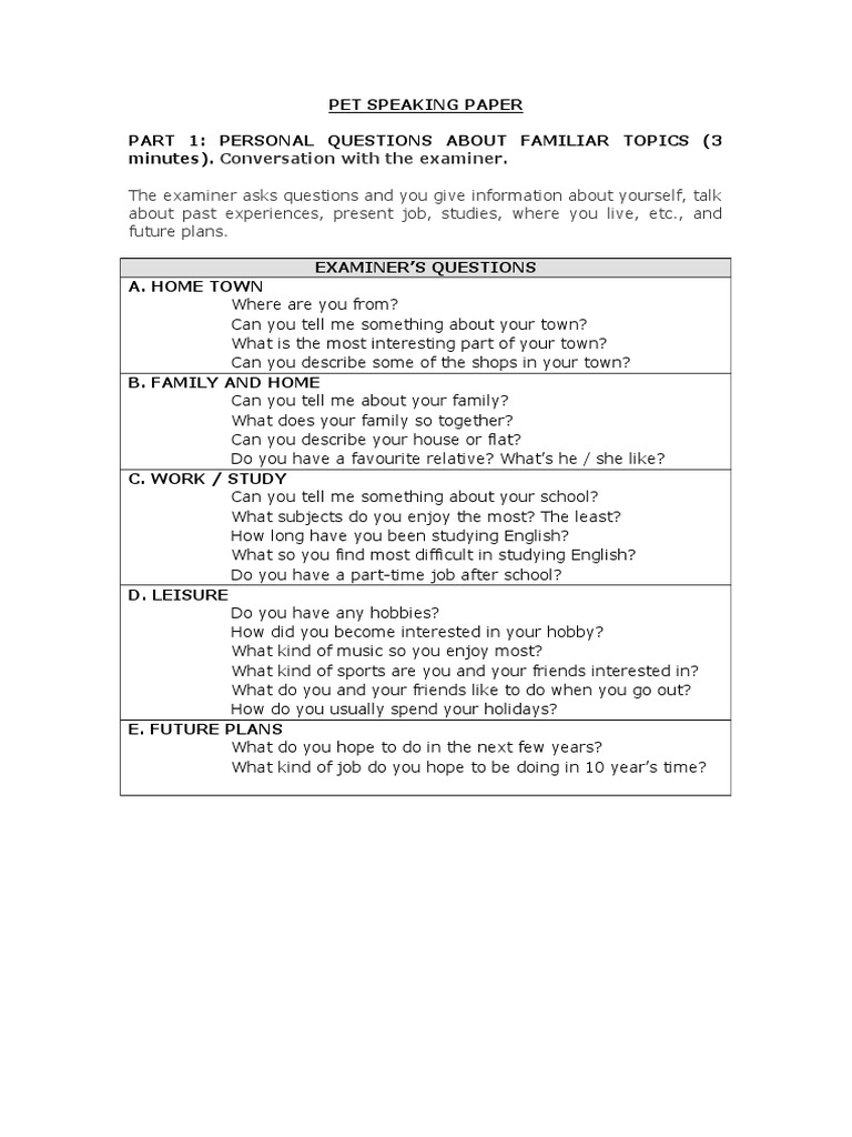 PET Speaking Questions-Topics | PDF | Psychological Concepts