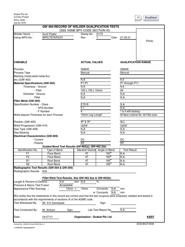 Welder Qualification Record for Q-Chem | PDF