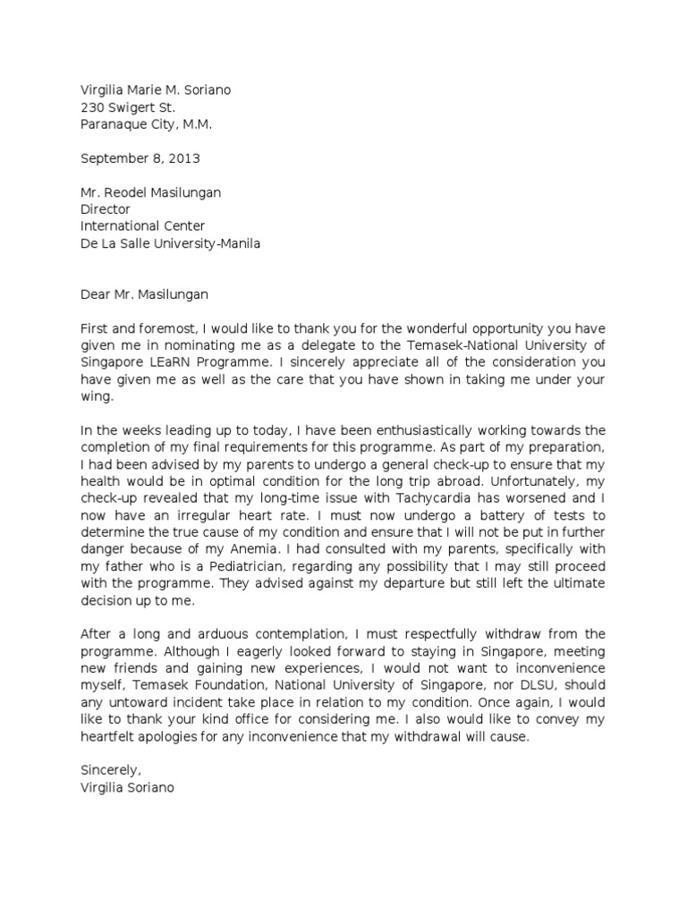 Letter Of Withdrawal