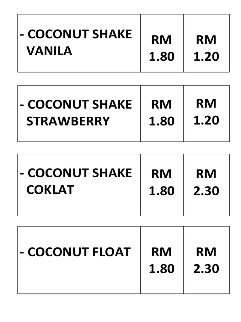Coconut Shake and Float Menu Prices | PDF