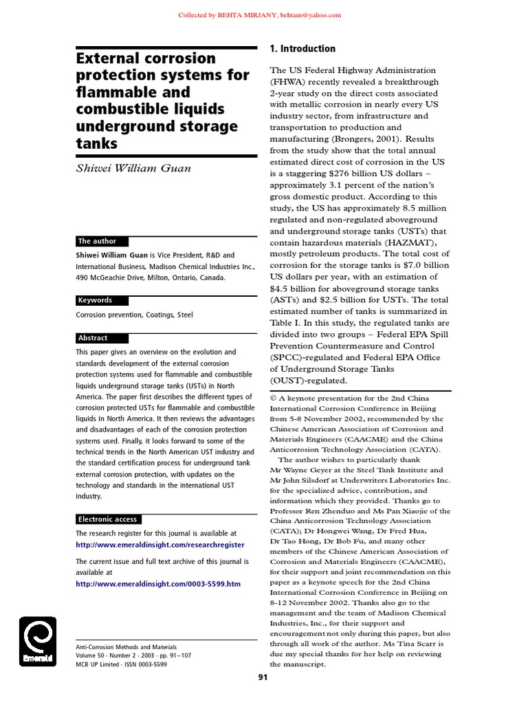 Corrosion Protection For Storage Tanks 01 | PDF | Technology & Engineering