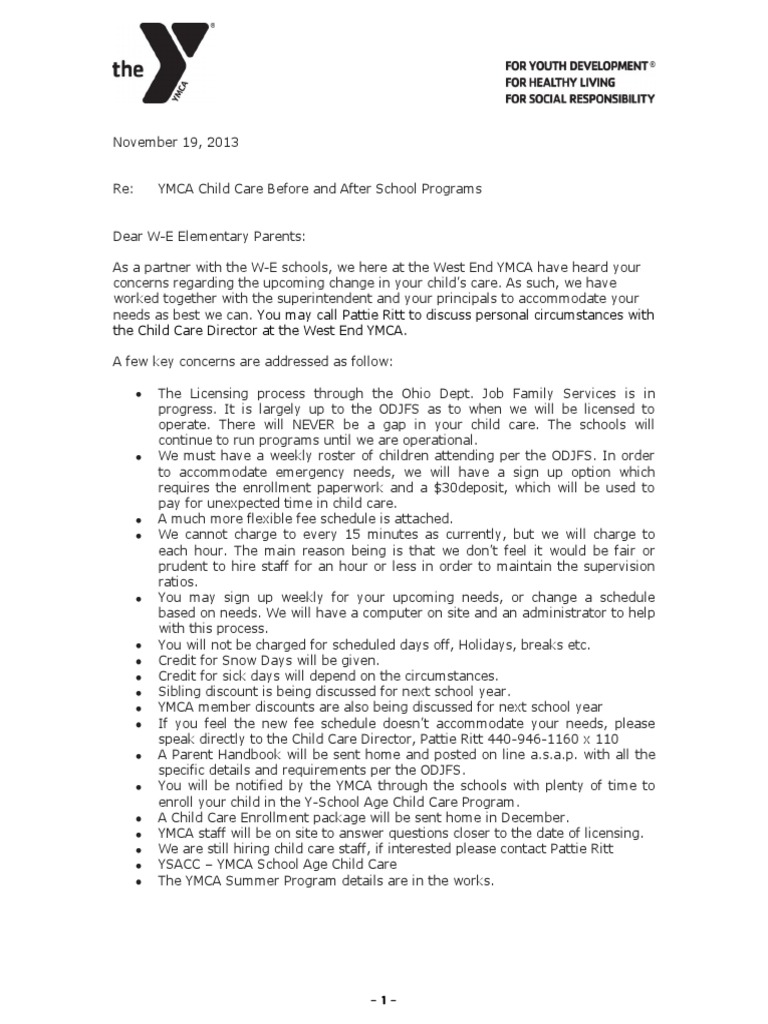 YMCA Letter To W-E Elementary Parents | PDF | Ymca | Child Care