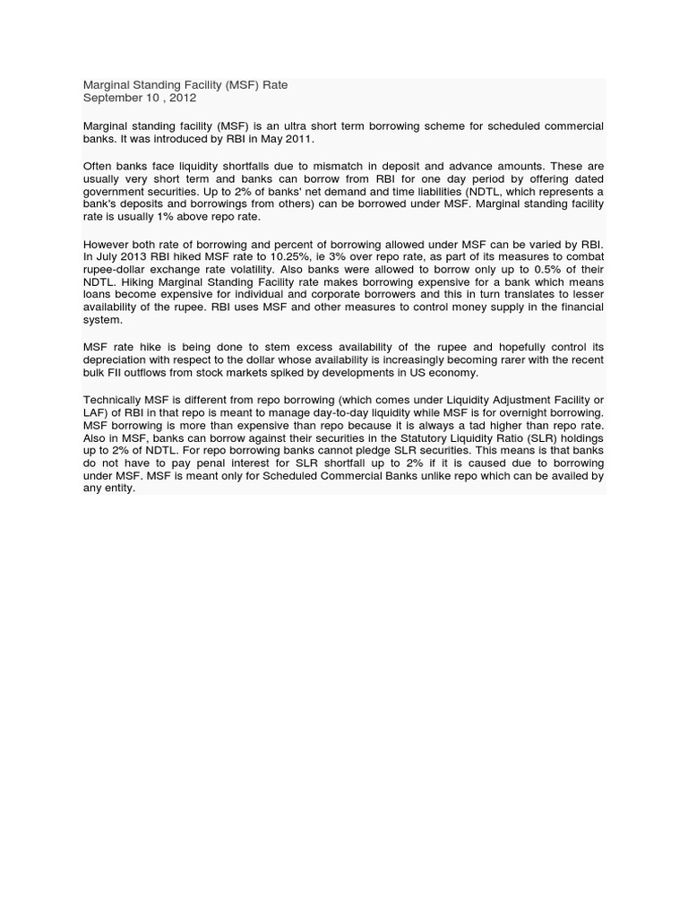Marginal Standing Facility (MSF) Rate September 10 , 2012