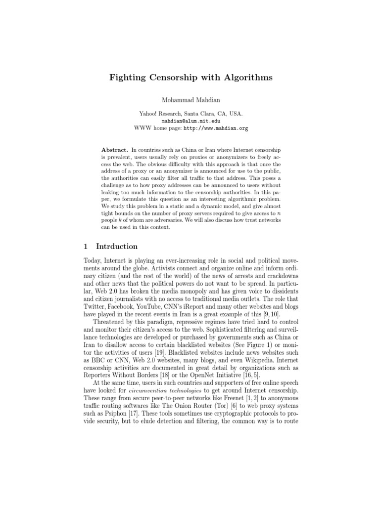 Fighting Censorship With Algorithms: 1 Intrduction | PDF | Proxy Server | Logarithm