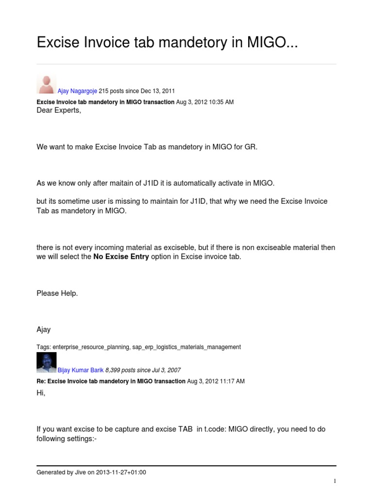 Excise Invoice Tab Mandetory in MIGO | PDF | Excise | Taxation