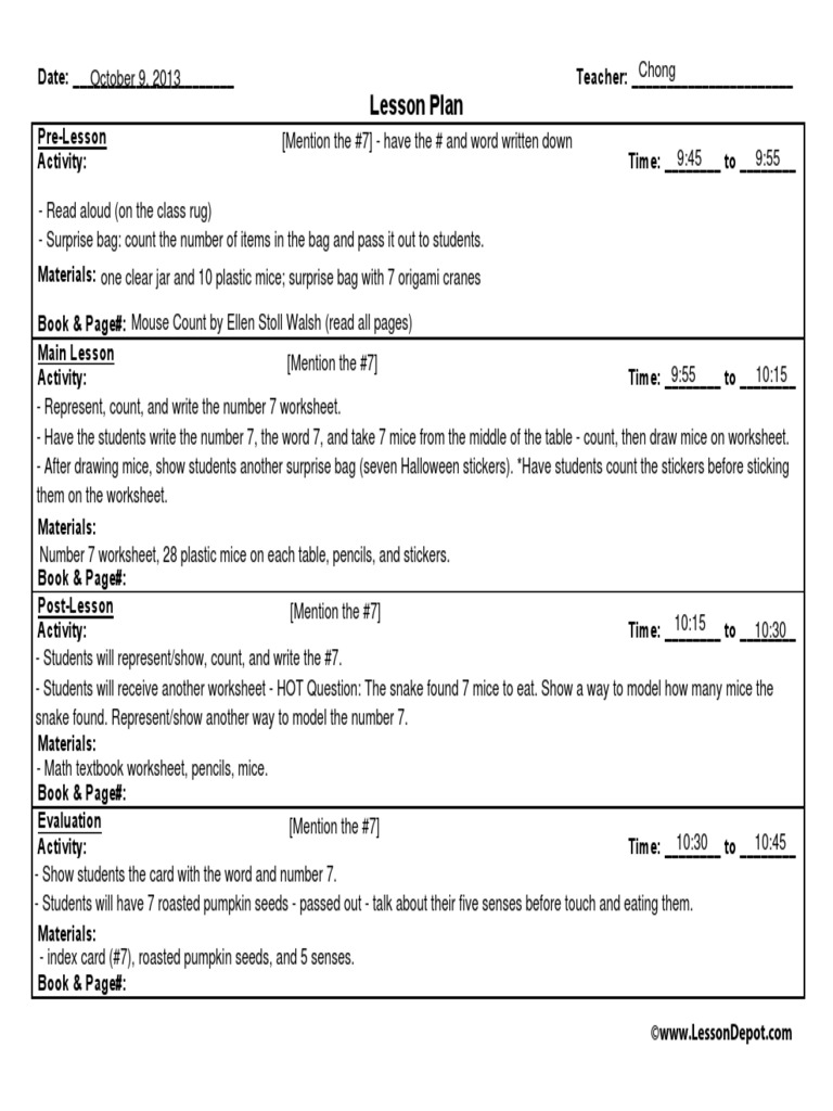 Lesson Plan for Teaching Number 7 | PDF
