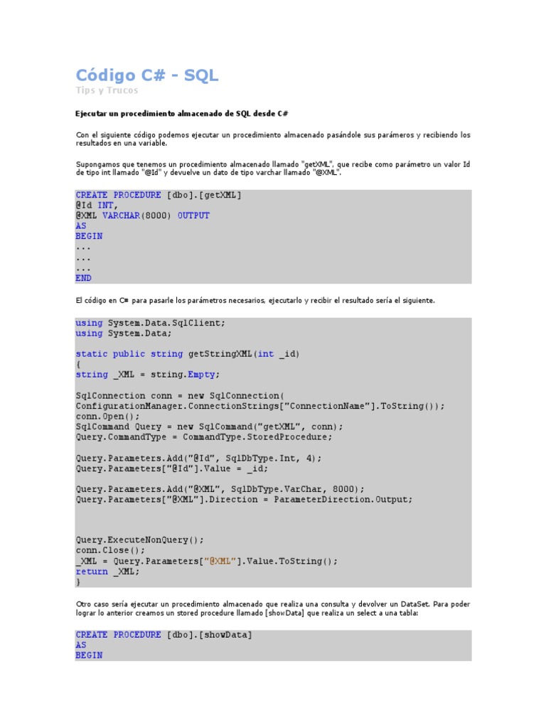 Stored Procedures C# | PDF | SQL | Tabla (base de datos)