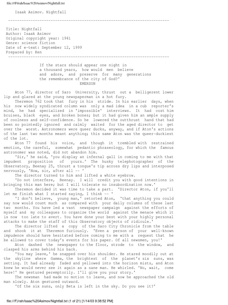 Isaac Asimov - Nightfall | PDF | Science | Astronomy