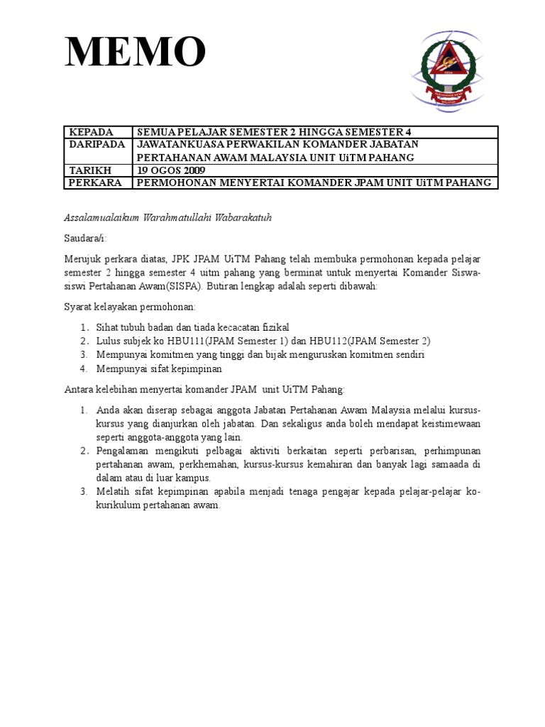 PERMOHONAN MENYERTAI KOMANDER JPAM UNIT UiTM PAHANG | PDF