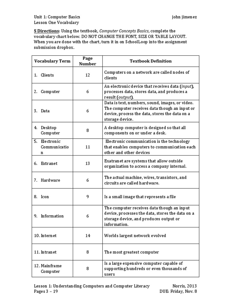 Computer Literacy Vocabulary Guide | PDF | Classes Of Computers ...