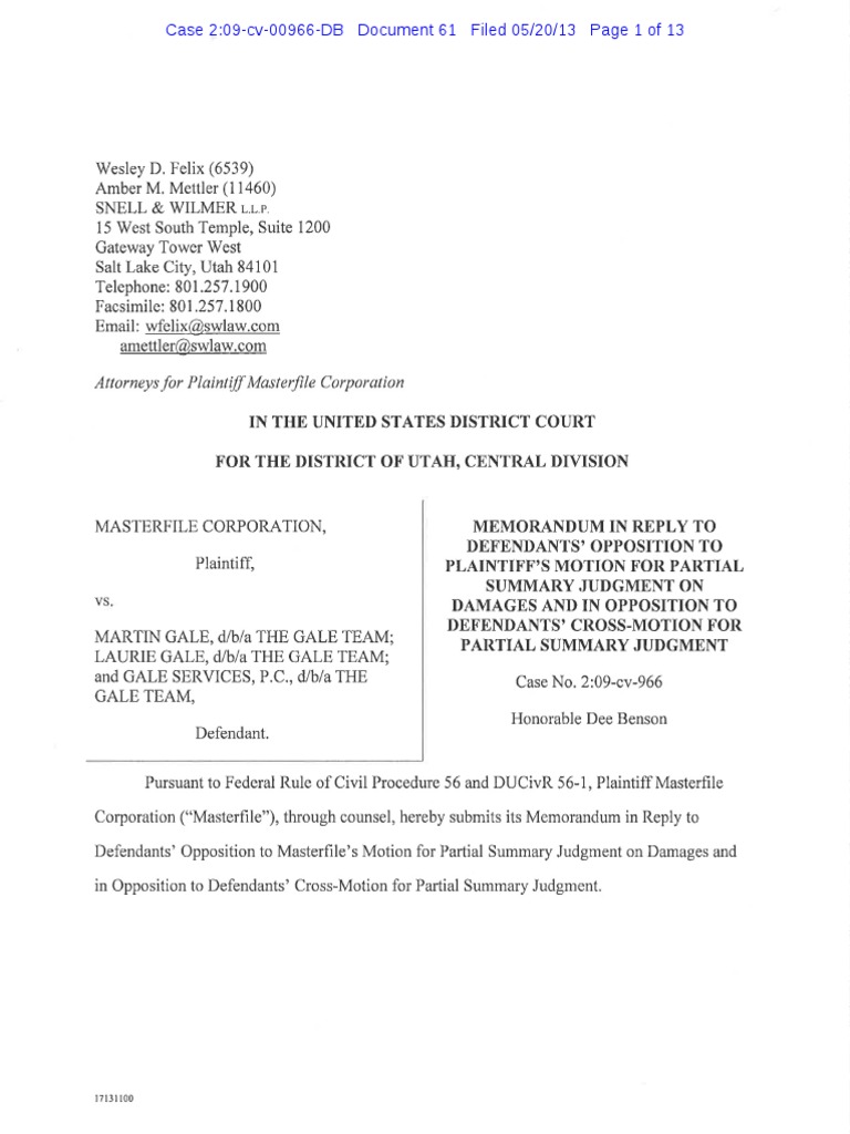 61.0 Reply to Opposition to Summary Judgment | Summary Judgment | Lawsuit