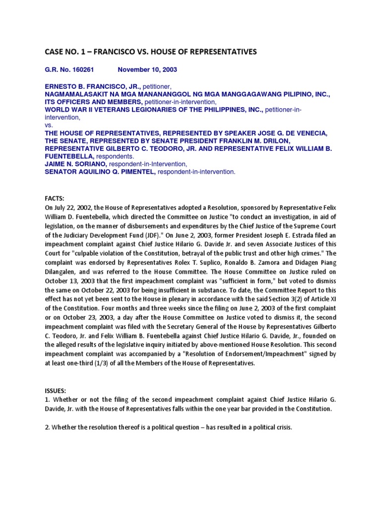 Consti Digested Case - Francisco vs. House of Representatives | PDF | Impeachment | United ...