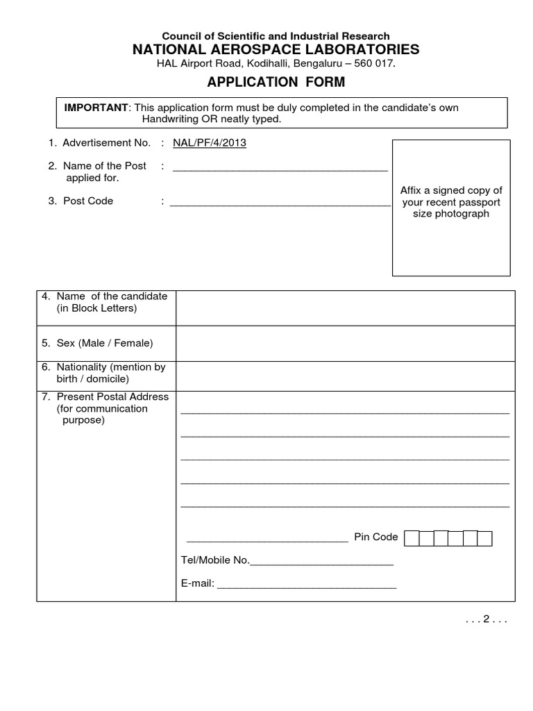 National Aerospace Laboratories: Application Form | PDF | Government ...