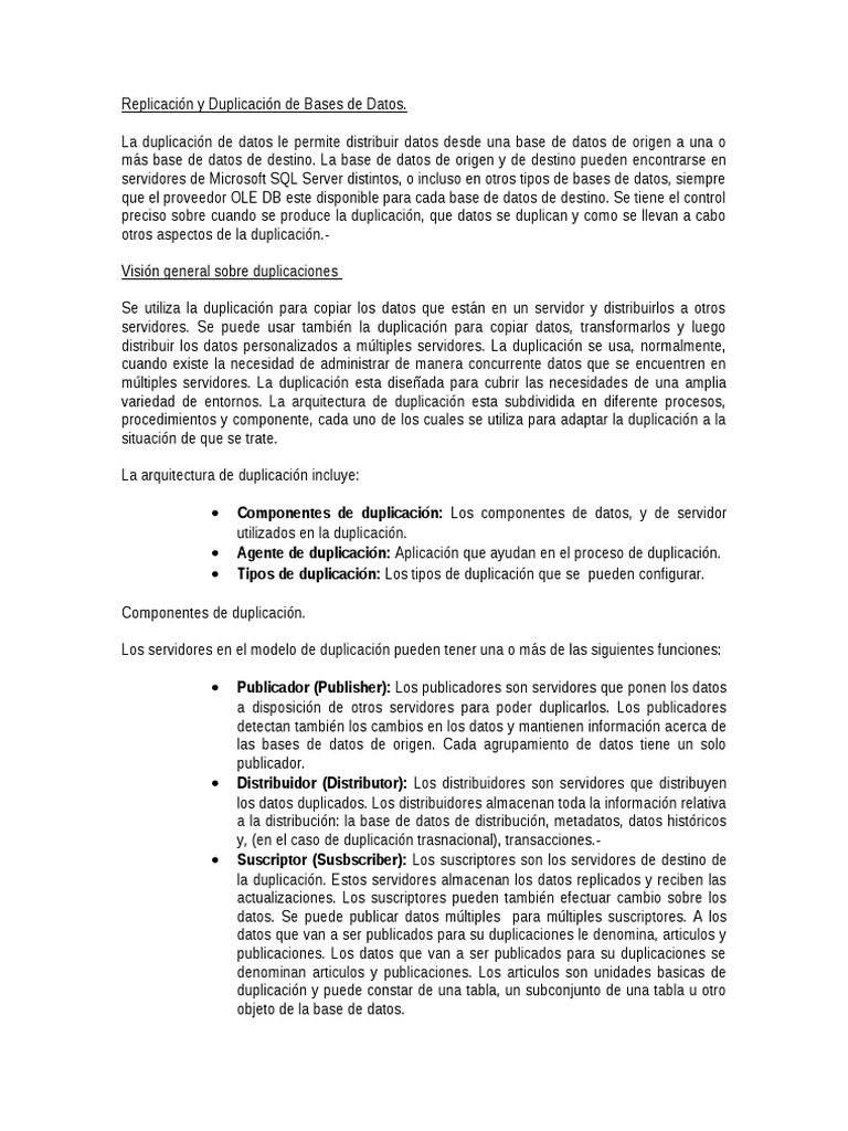 Replicación y Duplicación de Bases de Datos | PDF | Tabla (base de datos) | Servidor SQL de ...
