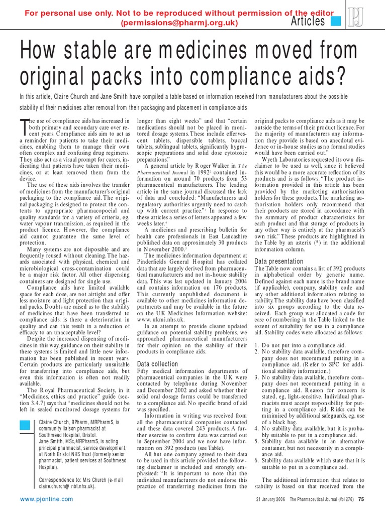 How Stable Are Medicines Moved From Original Packs Into Compliance Aids ...