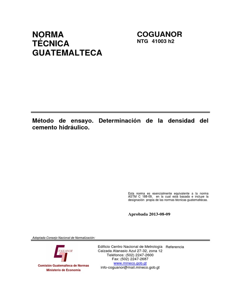 Norma NTG 41003 h2 Astm c188-09 PDF | PDF | Densidad | Cemento