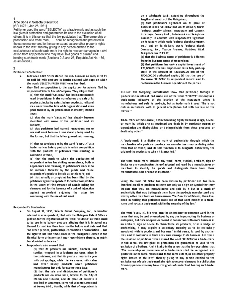 4 Arce Sons Vs Selecta | PDF | Trademark | Government Information