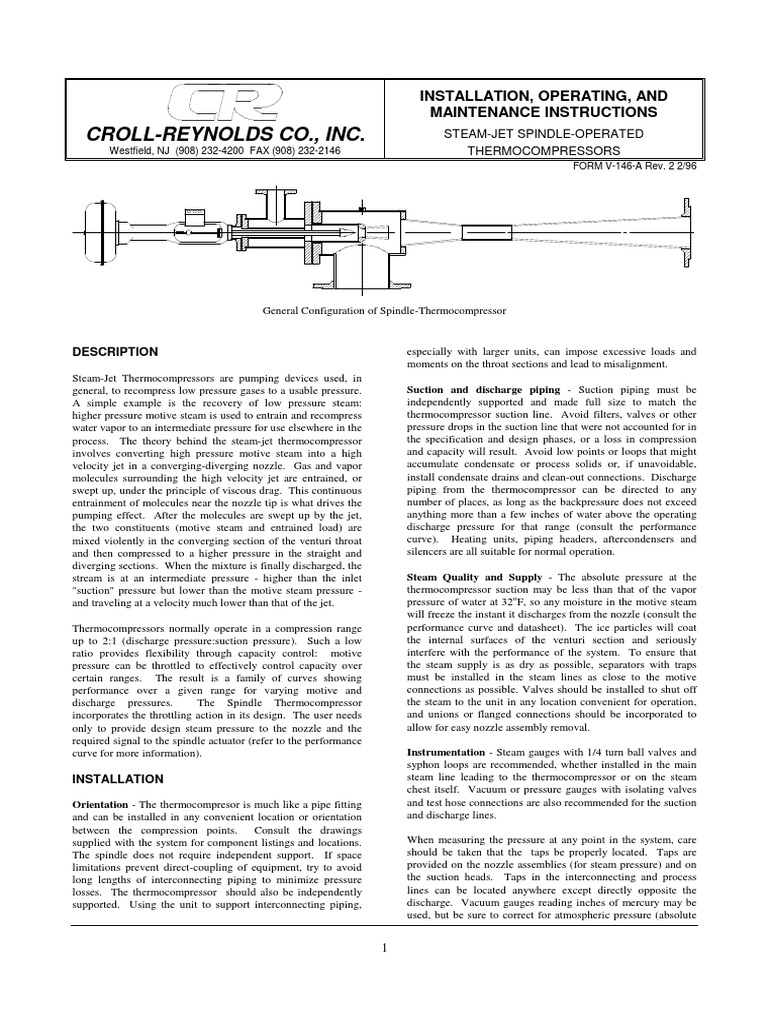 Steam Jet Spindle Operated Thermocompressor | PDF | Pressure ...