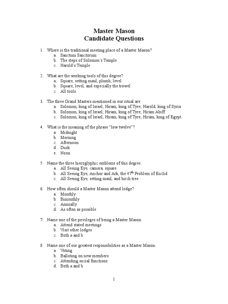 Master Mason Candidate Questions | PDF | Freemasonry | Masonic Lodge