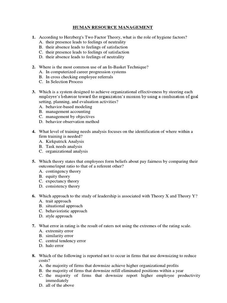 Final HRM Mutiple Choice Questions | PDF | Human Resource Management ...