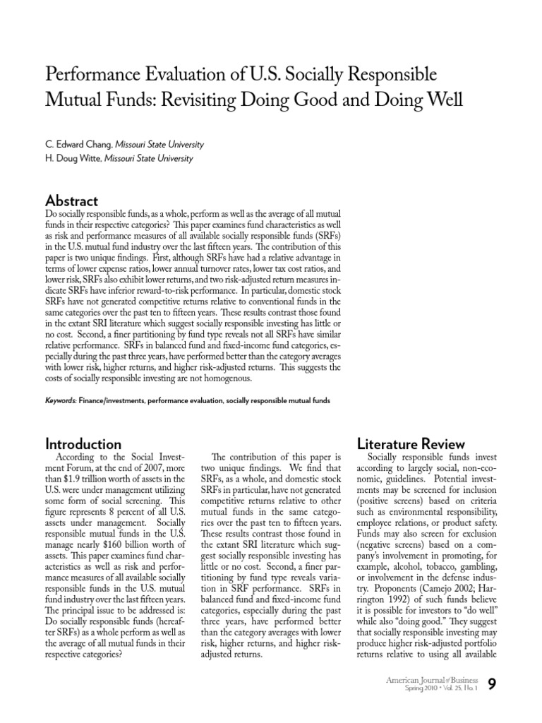 Performance Evaluation of U.S. Socially Responsible Mutual Funds: Revisiting Doing Good and ...