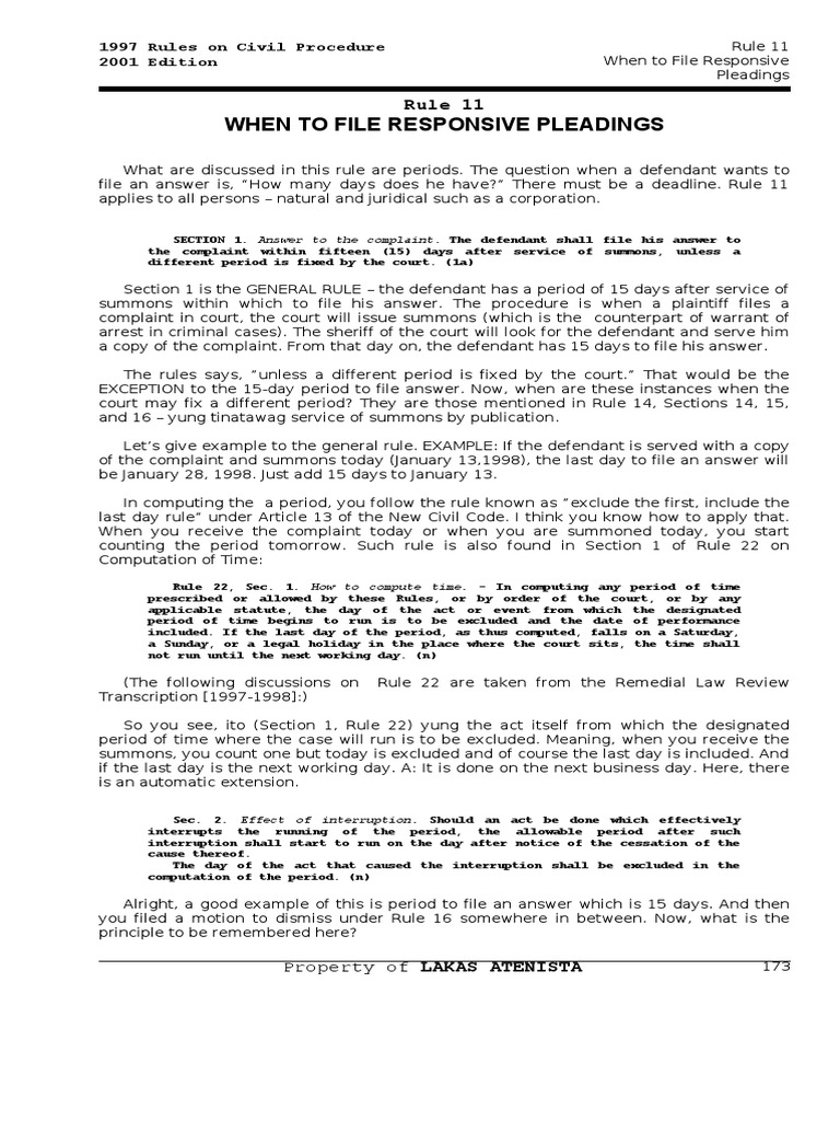 Rule 11-Time To File Responsive Pleadings | PDF | Pleading | Complaint