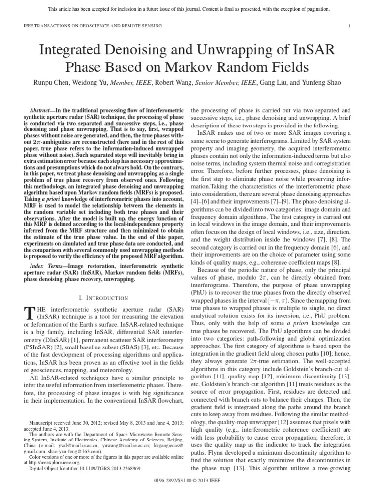 Integrated Denoising and Unwrapping of Insar Phase Based On Markov Random Fields | PDF ...