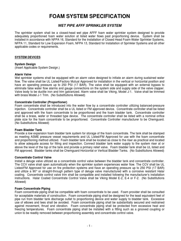 AFFF Sprinkler System Specifications | PDF | Fire Sprinkler System | Valve