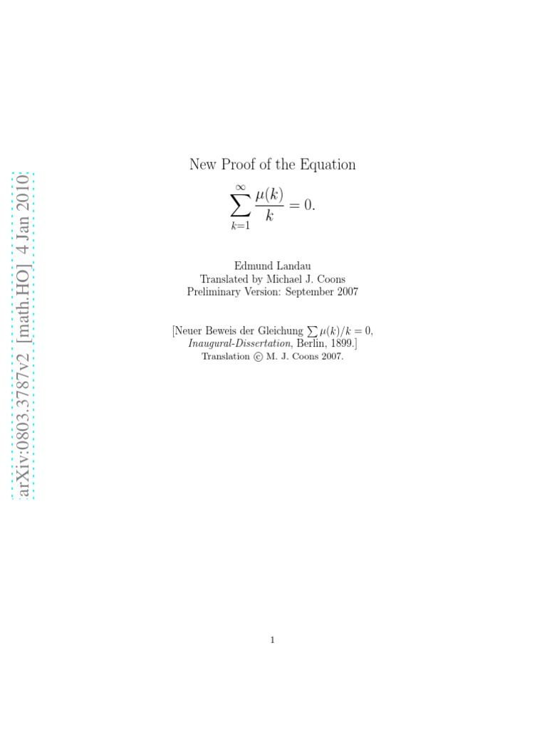A Short and Elementary Proof of the Equation ∞k=1 μ(k)/k = 0 Using the ...