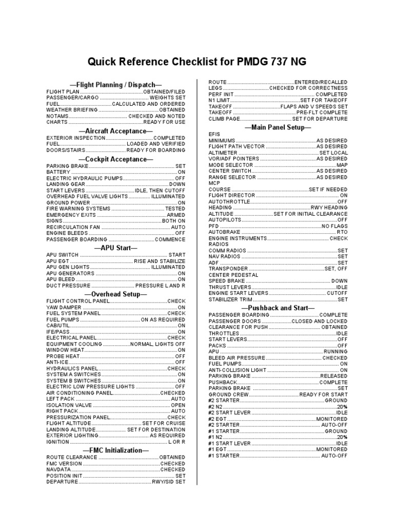 Checklist Pmdg 737 | Takeoff | Aviation