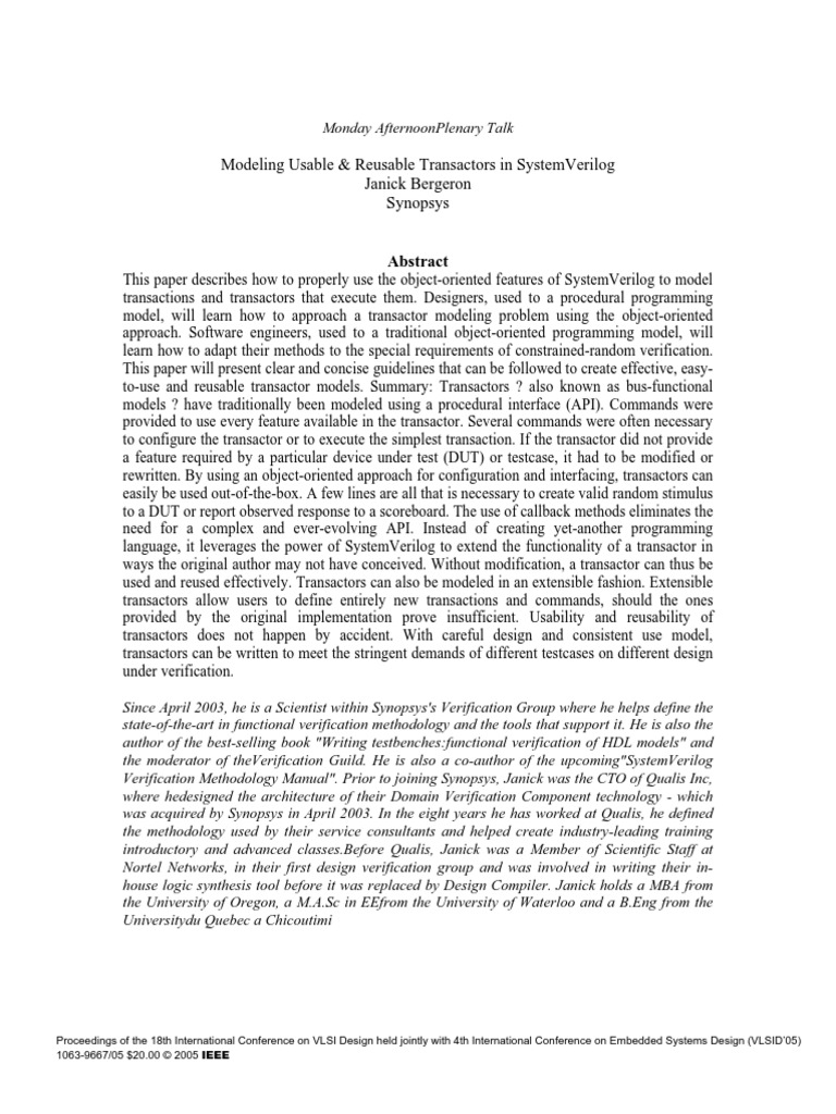 Modeling Usable & Reusable Transactors in Systemverilog Janick Bergeron Synopsys | PDF ...