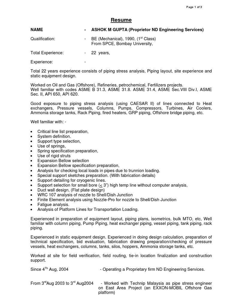 A Comprehensive Resume Detailing Over 22 Years of Experience in Piping ...