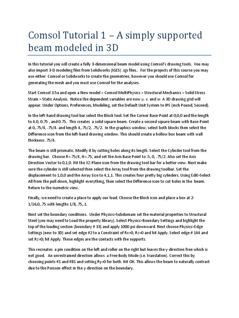 Comsol Tutorial 2 - 3D Beam | PDF | Beam (Structure) | Stress (Mechanics)