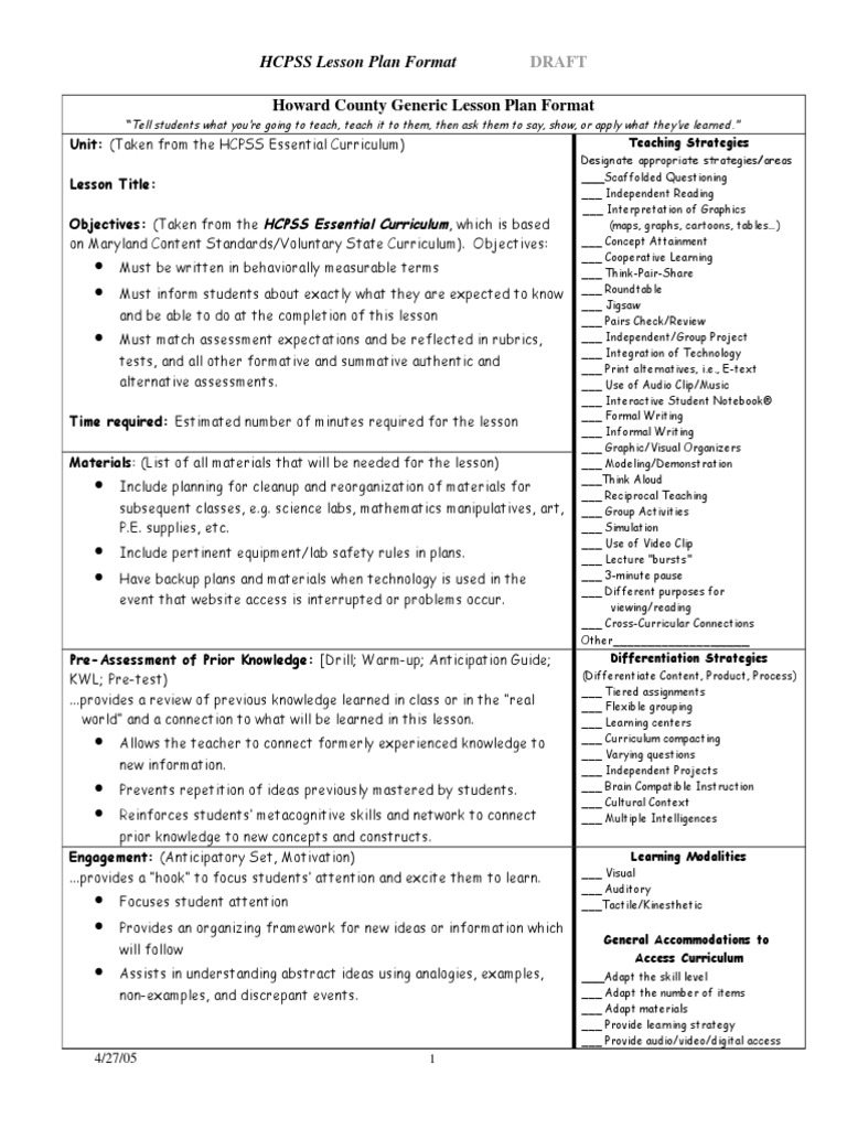 Generic Lesson Plan Form | PDF | Lesson Plan | Metacognition