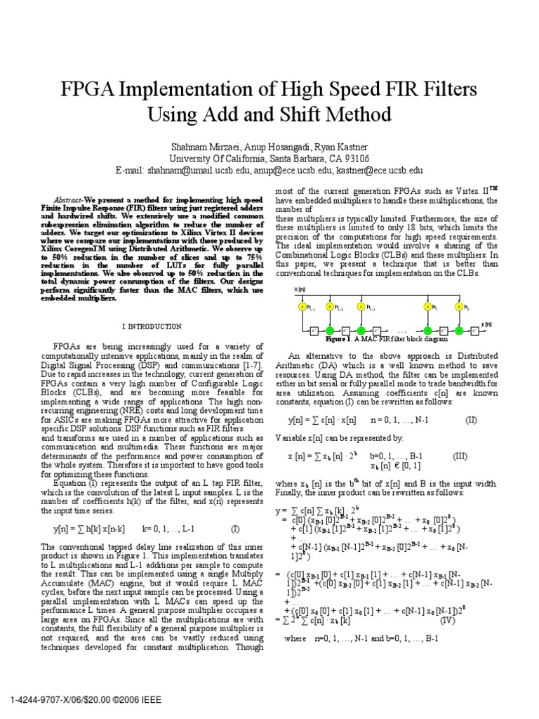 Fpga Implementation Of High Speed Fir Filters Using Add And Shift Method Pdf Field