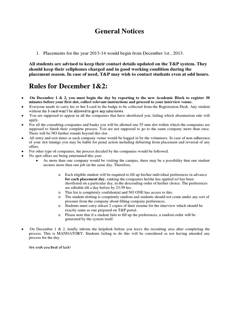 General Notices: 1. Placements For The Year 2013-14 Would Begin From ...